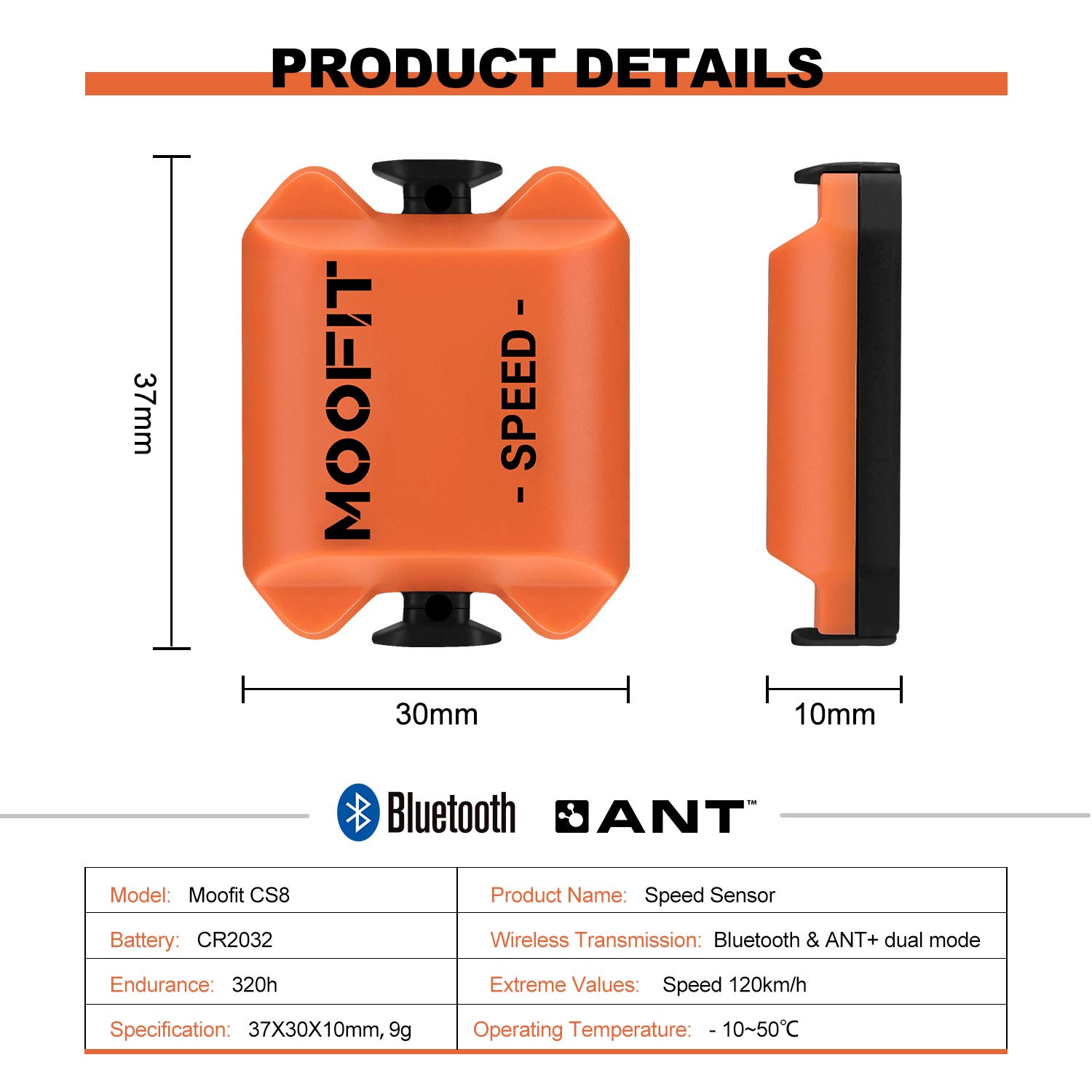 moofit Bike Speed Sensor, Bluetooth & ANT+ Wireless RPM Cycling Spin Bike Cadence Sensor for Wahoo/Coosporide/Rouvy/Peloton, IP67 Waterproof, Orange