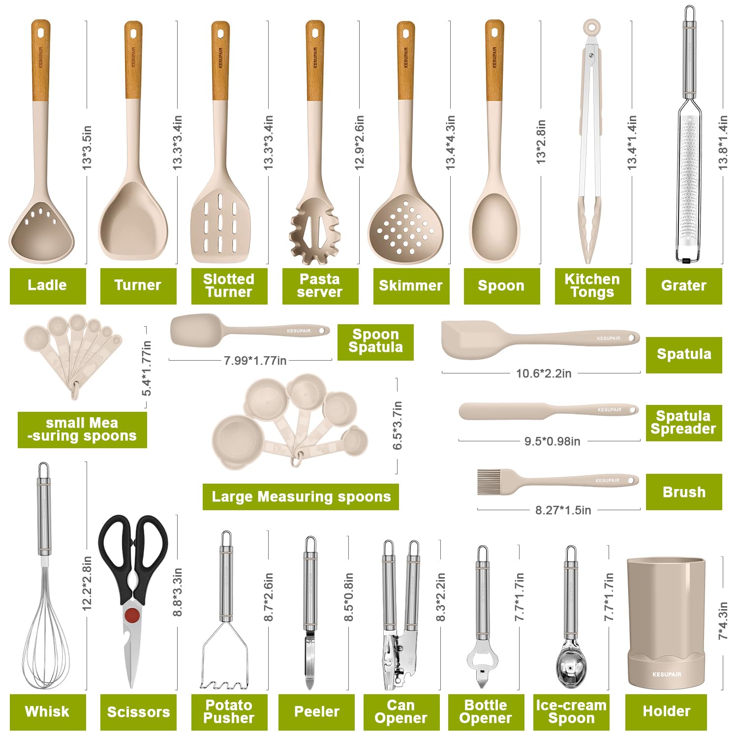Kesupair Silicone Kitchen Utensils Set - Heat Resistant Silicone Cooking Utensils for Cooking Wooden Handles, Spatula Set, Kitchen Utensil Tools and Gadgets Sets for Non-Stick Cookware (Dark Grey)