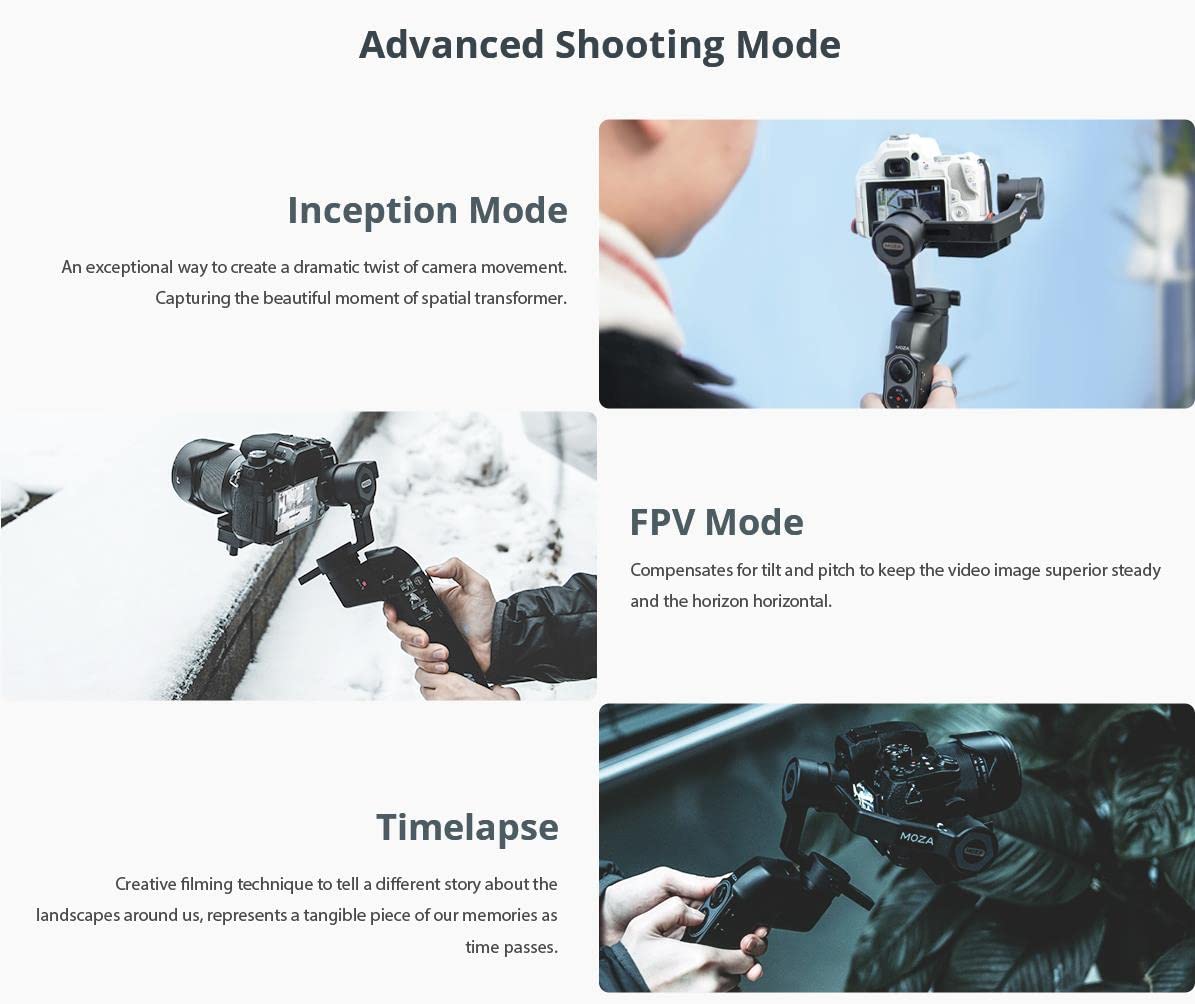 MOZA Mini P MAX Gimbal Stabilizer Portable Handheld Stabilizer Compatible with Mobile Phones Action CamerasLight Mirrorless Cameras 3-Axis Lock Design Advanced Shooting Mode Focus On Life