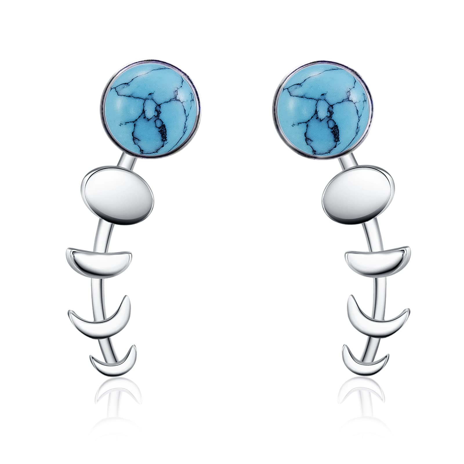 Moon Earrings Ear Wrap Climber Crawler Hook Earrings Moon Phase Silver Ear Cuffs for Women Blue