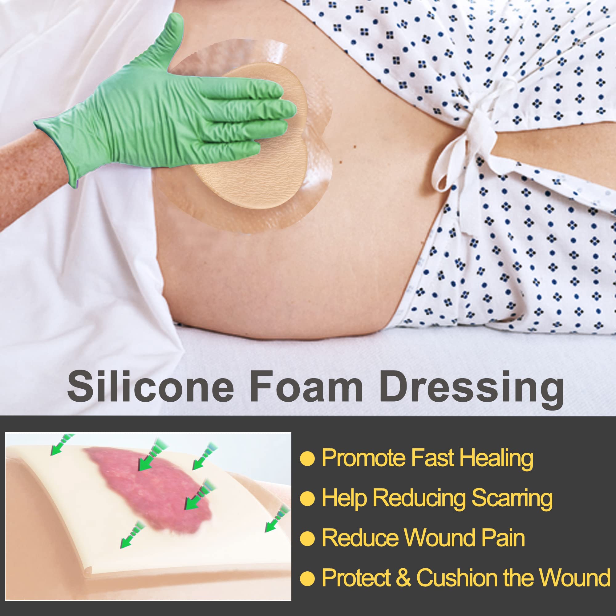 LotFancy Sacral Foam Dressing, 7"x 7", 5 Count, Silicone Foam Dressing, Wound Dressing with Border, Sacrum, Bed Sores, Pressure Ulcers Healing Bandage Pad, Highly Absorbent, Waterproof