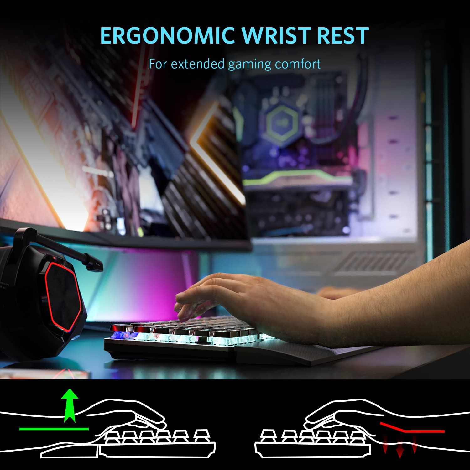 TEWELL Quick Responsible Blue Switches Mechanical Gaming Keyboard, Rainbow LED Rainbow Backlit Typewriter Keyboards with Removable Hand Rest, 104 Anti-ghosting Keys, for PC, Laptop, Computer