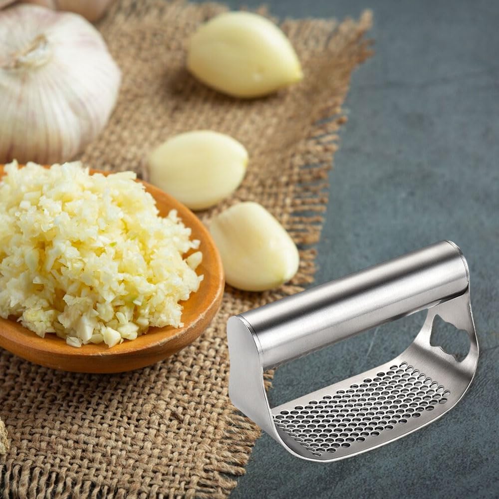 Stainless Steel Garlic Presser, 2024 New Garlic Press Rocker Garlic Mincer Garlic Crusher with Peeler and Cleaning Brush, Comfortable Handle Garlic Chopper for Smash Garlic Kitchen Tools (A)