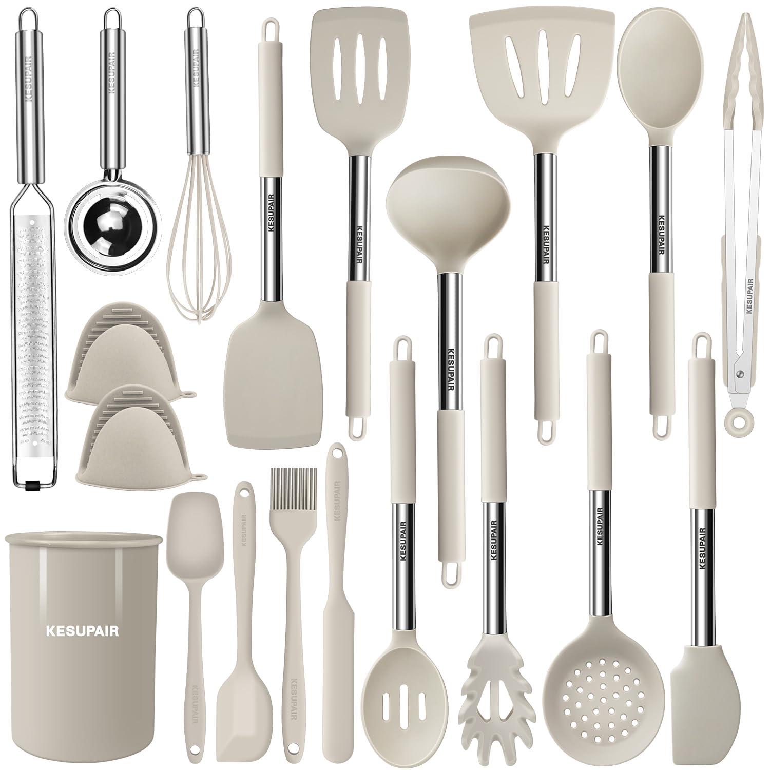 KESUPAIR Silicone Kitchen Utensils Set, 20 pcs Cooking Utensils Set-Cooking Utensil - Kitchen Gadgets and Tools with Holder-Stainless Steel Kitchen Utensil with Grater,Turner,Tongs (Khaki)