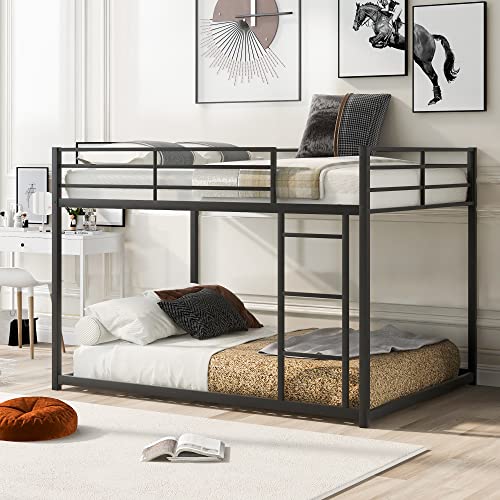 Merax Full Over Full Metal Heavy Duty Low Bunk Bed with Safety Guard Rails and Ladder, No Box Spring Needed, Black