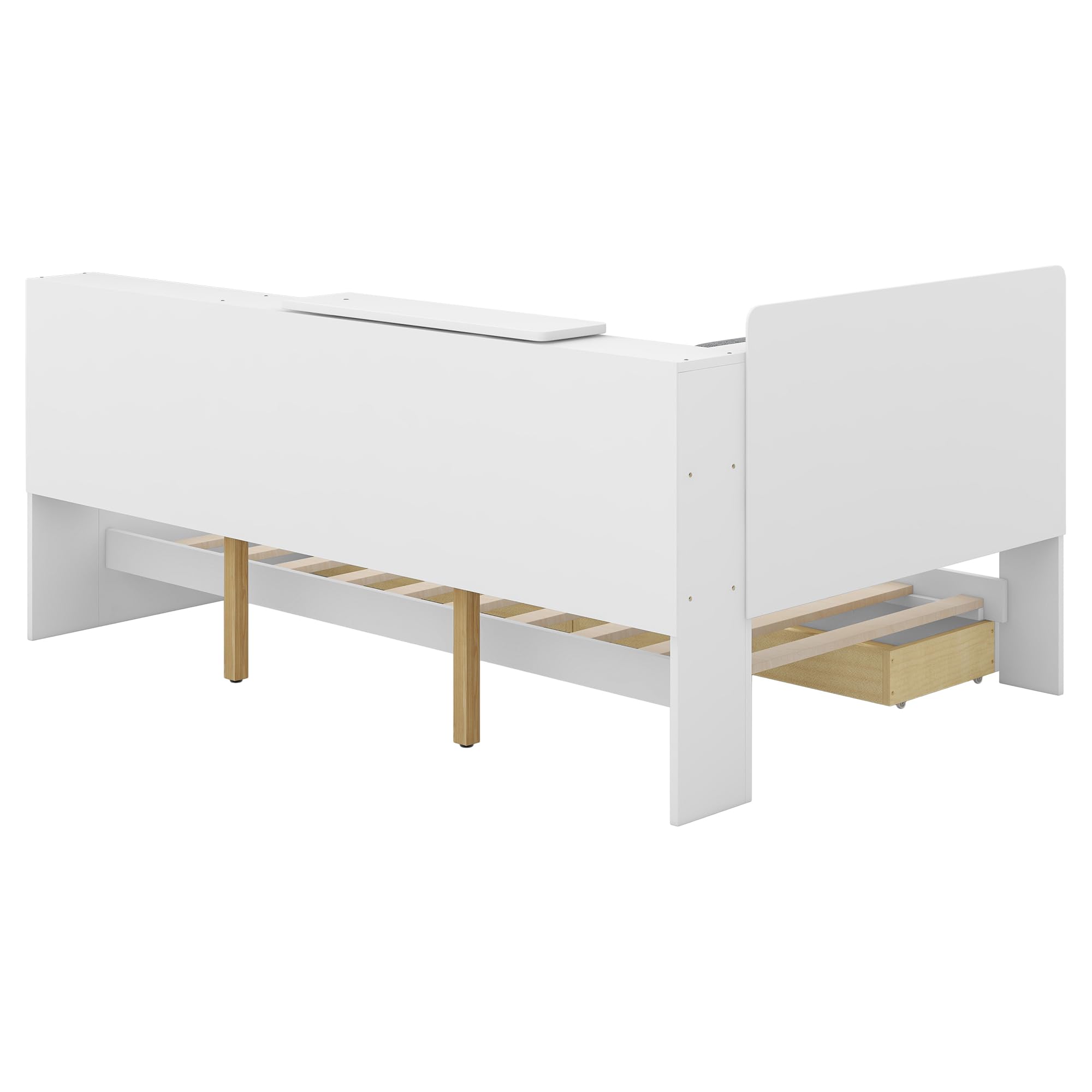 VilroCaz Twin Size Platform Bed with L-Shaped Storage Shelves and Upholstered Headboard, Solid Wood Daybed Frame with 2 Drawers and Rotatable Storage Board, Maximize Space (White-25)