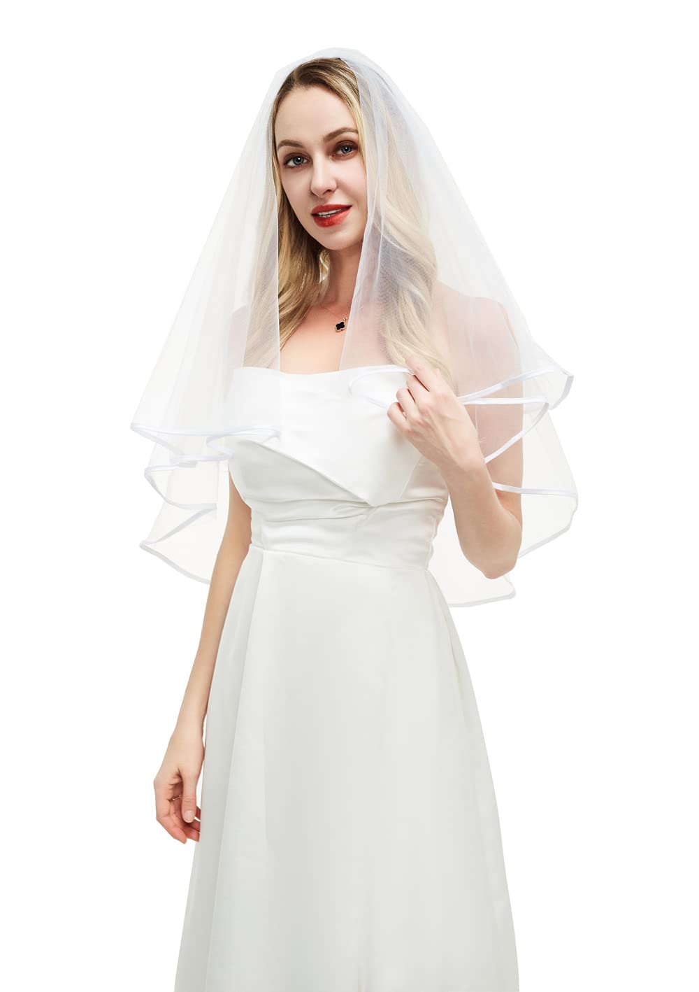 KUNG FU PARTY Bachelorette White Double Ribbon Edge Center Cascade Bridal Wedding Veil with Comb& Bride to Be Satin Sash (White Veil+White Sash)