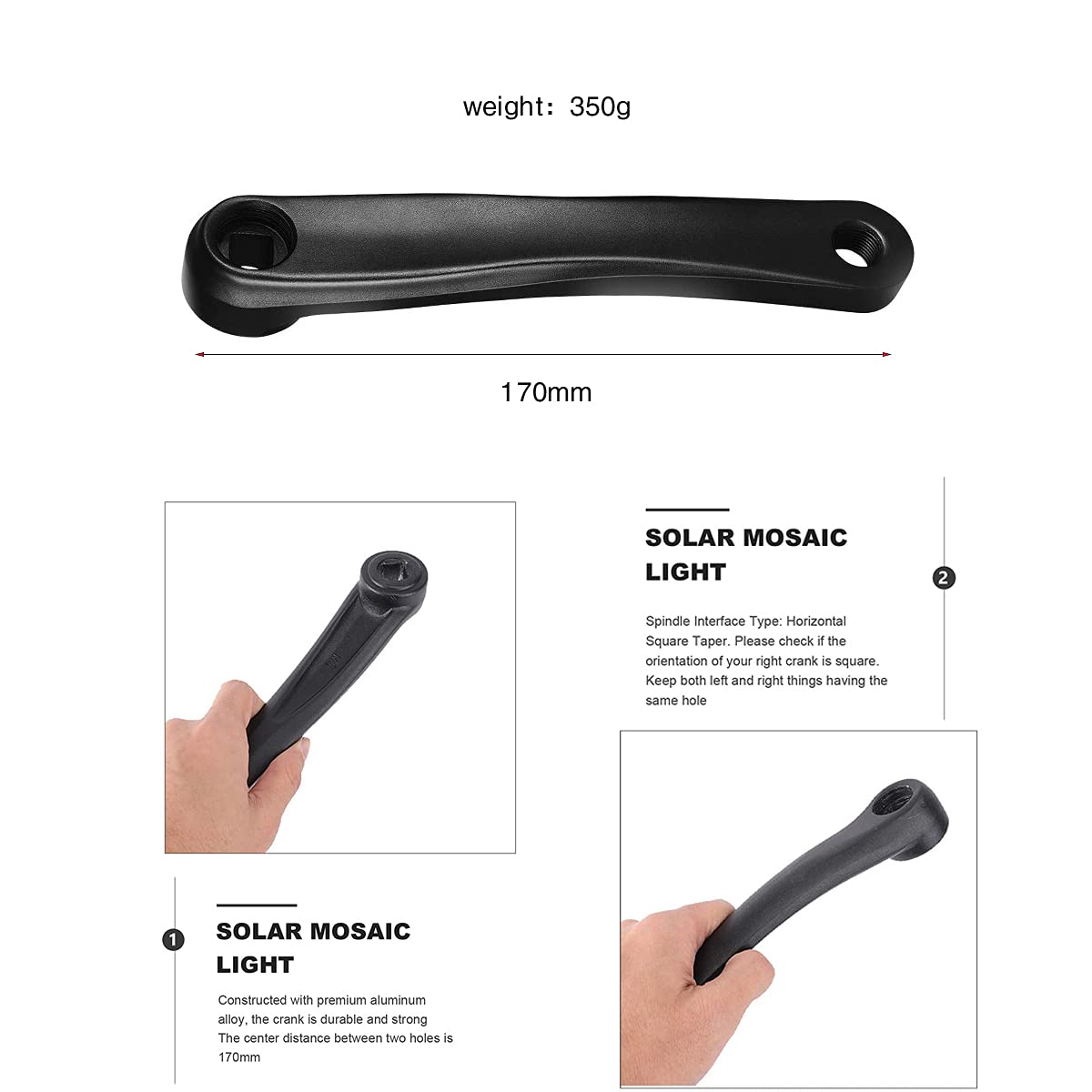N| Bicycle Crank Arm, Aluminum Alloy Crank Arm, Bicycle 170MM Crank Arm, Bicycle Crank Arm Replacement for Mountain Bike Road Bikes, Horizontal Square Hole (1 Piece, Black)