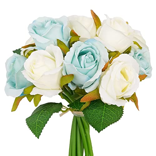 LIUCOGXI 12 Heads Artificial Silk Rose Flowers Bouquet White&Blue for Wedding Party Home Decor