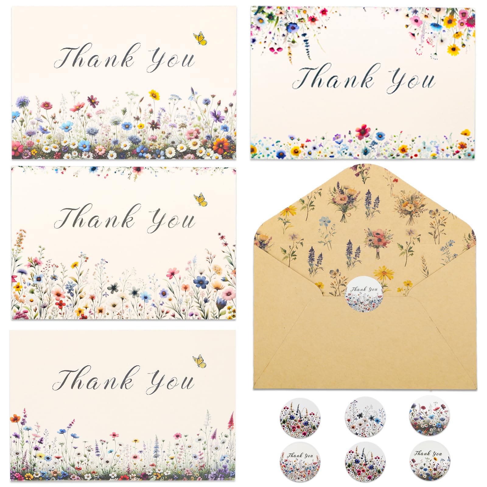Vnaaem 24 Pack Wildflower Thank You Card with Kraft Envelope Sticker Vintage Floral Thank You Notes for Birthday Wedding Baby Shower Business Bridal Shower Spring Midsummer,4 x 6Inch