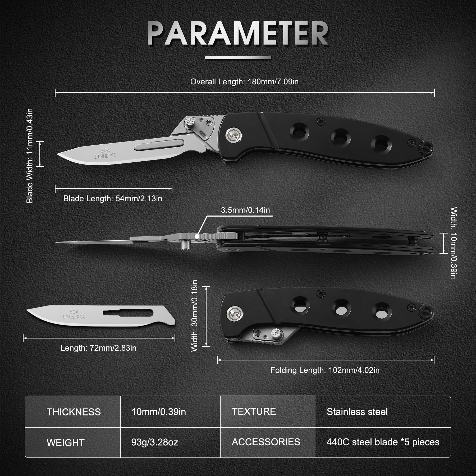 VR VIREN KNIFE Folding Scalpel Pocket Knife,EDC Utility Knife with 6pcs #60A Replaceable Blades,Outdoor Knife,Sharp Skinning Knives for Hunting, Fishing, Deer & Survival