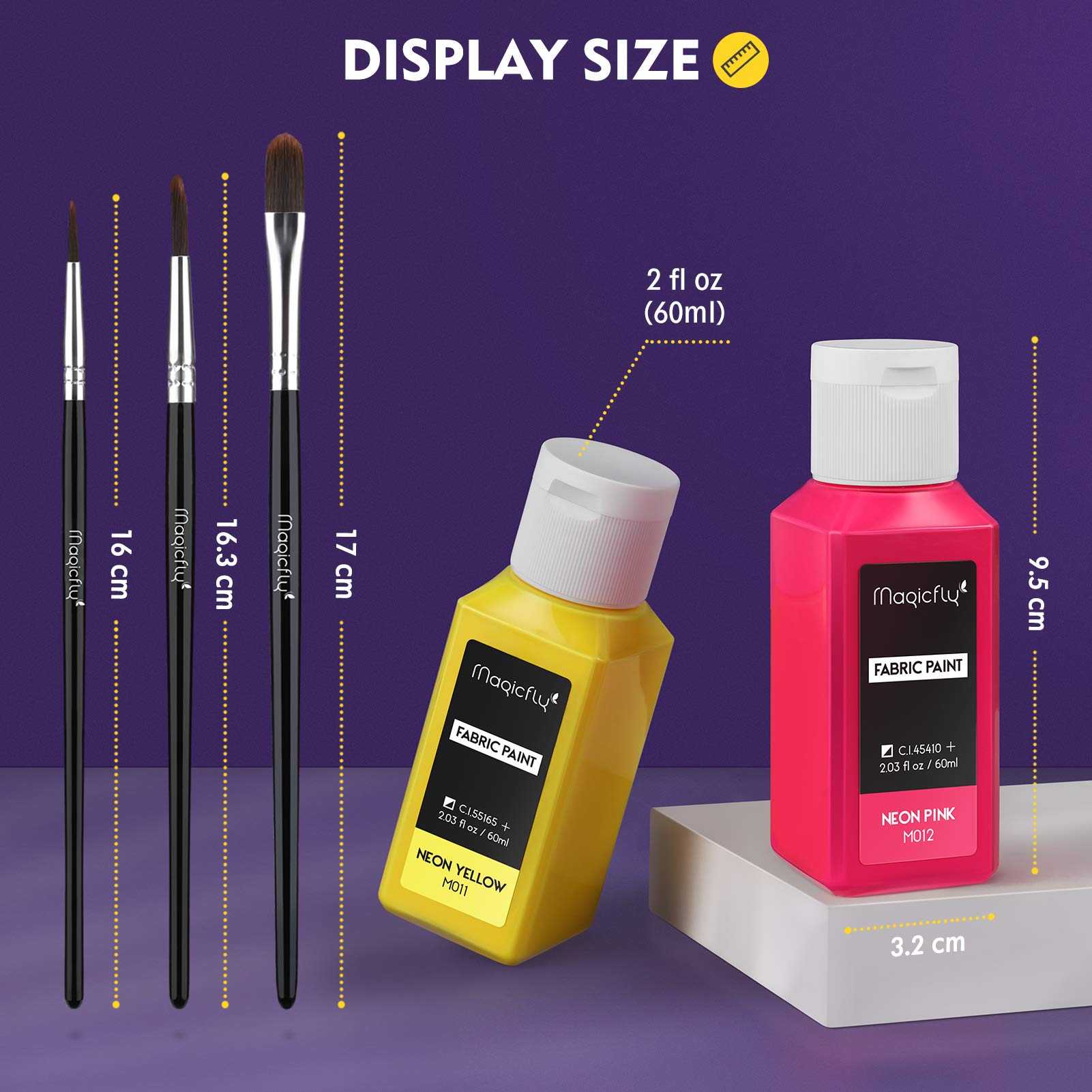 Magicfly Permanent Soft Fabric Paint Set, Set of 14(60ml Each) Textile Paints with 3 Brushes, No Heating Needed & Washable Fabric Paint for Clothes, Canvas, T-Shirts, Jeans, Bags, All DIY Projects