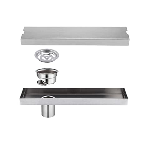TSHH 12 inch Linear Shower Drain with Plate Cover or Tile Insert,Rectangle Shower Floor Drain Offset Side Outlet Stainless Steel Brushed Finish,11.8x4.3 Inch