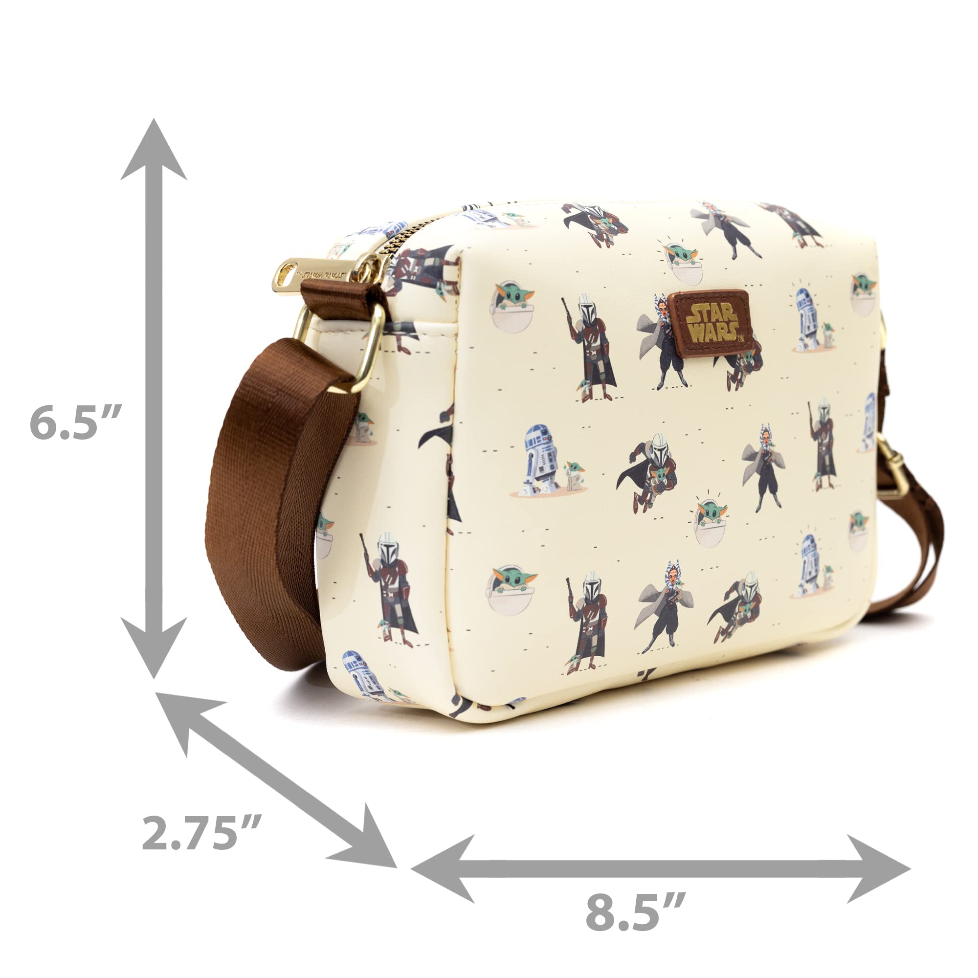 Star Wars Bag, Cross Body, Rectangle, The Mandalorian Character Poses with Grogu Collage, Beige, Vegan Leather
