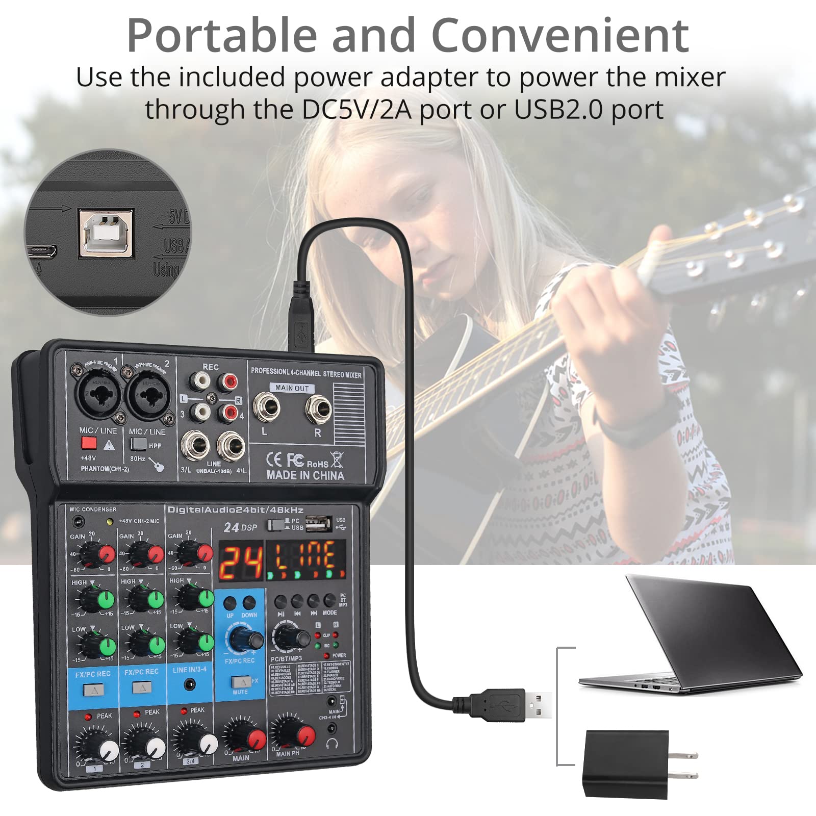 PROZOR Professional Audio mixer,4-Channel Audio Mixersound board Console with 24 DSP USB Bluetooth MP3 Computer Input 48V Phantom Power for PC Recording Webcast Party Singing