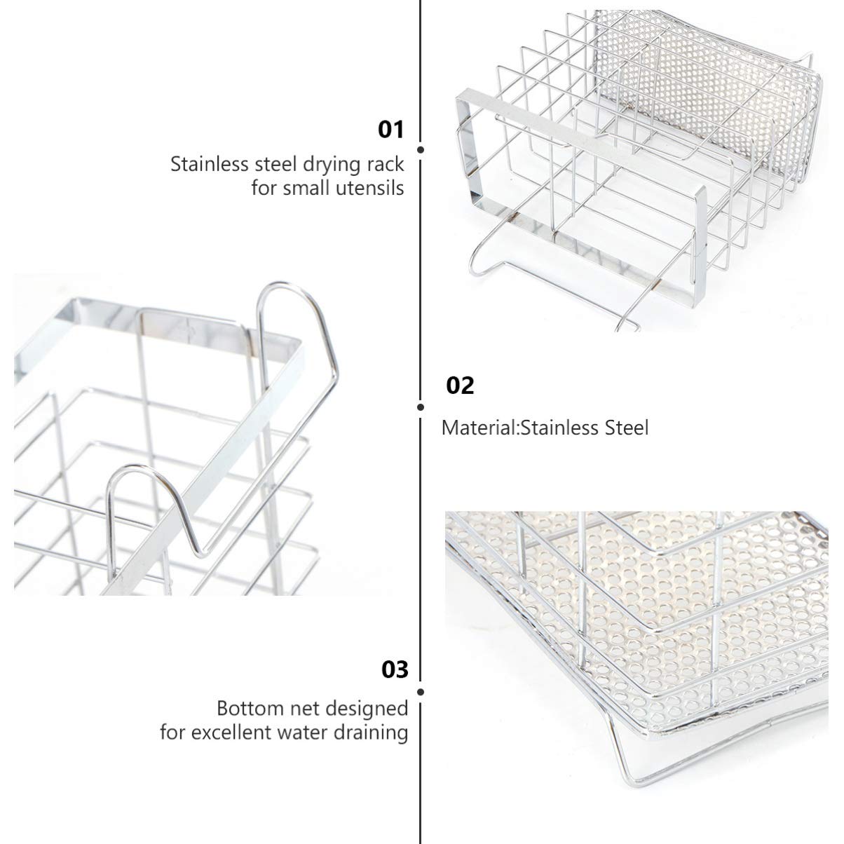 SHERCHPRY Utensil Holder Drying Rack Flatware Storage Basket 2 Divided Stainless Steel Cutlery Silverware Organizer Draining with Hooks for Chopstick Spoon Fork