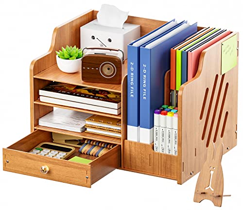 Marbrasse Mesh Desk Organizer with File Holder + Wooden Paper Letter Tray Organizer with Drawer and Pen Holder