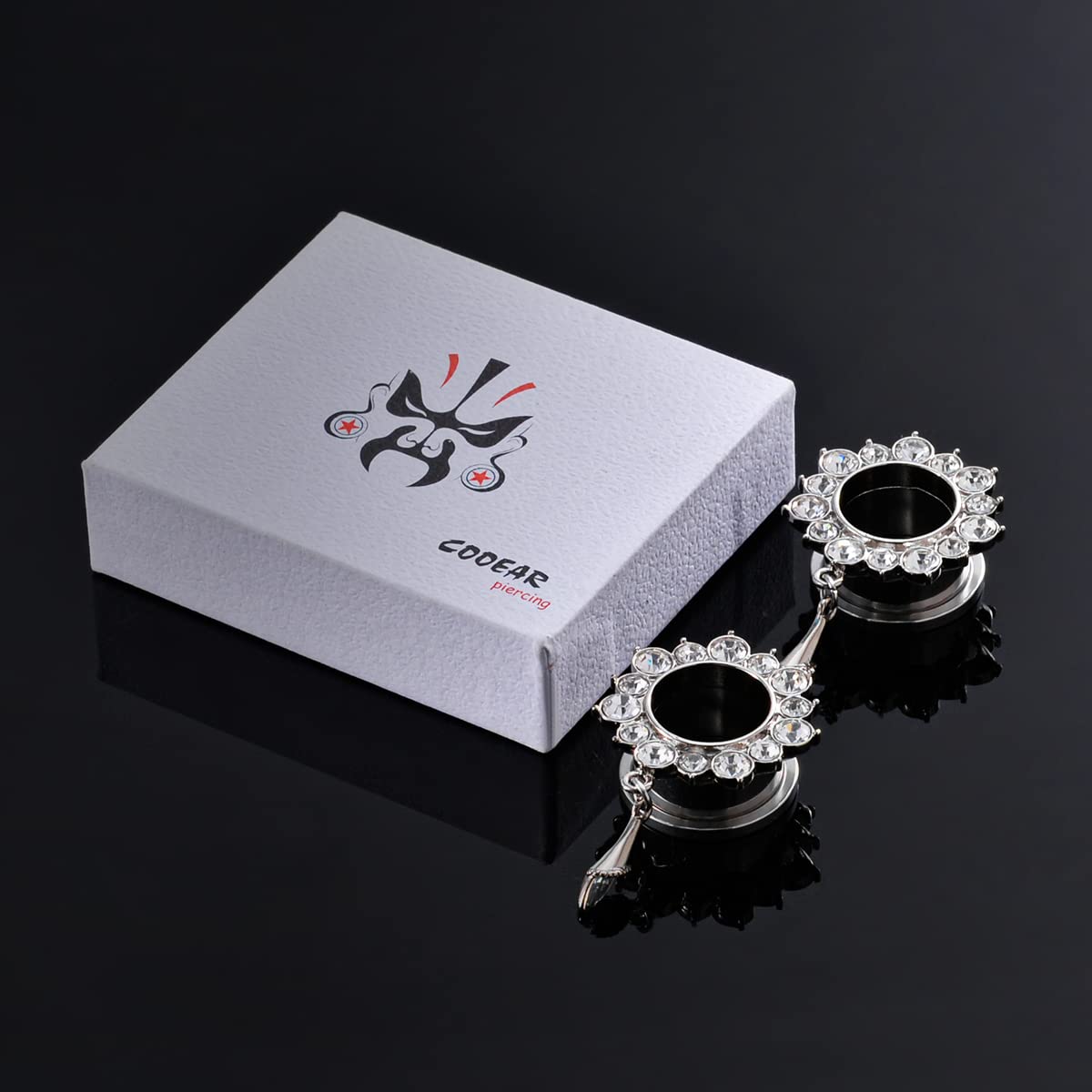 KUBOOZ Gemmed Flower Drop Eyelets Gold Plated Stainless Steel Flare Screw Back Ear Tunnels Plugs Gauges. (Silver, 0g(8mm))