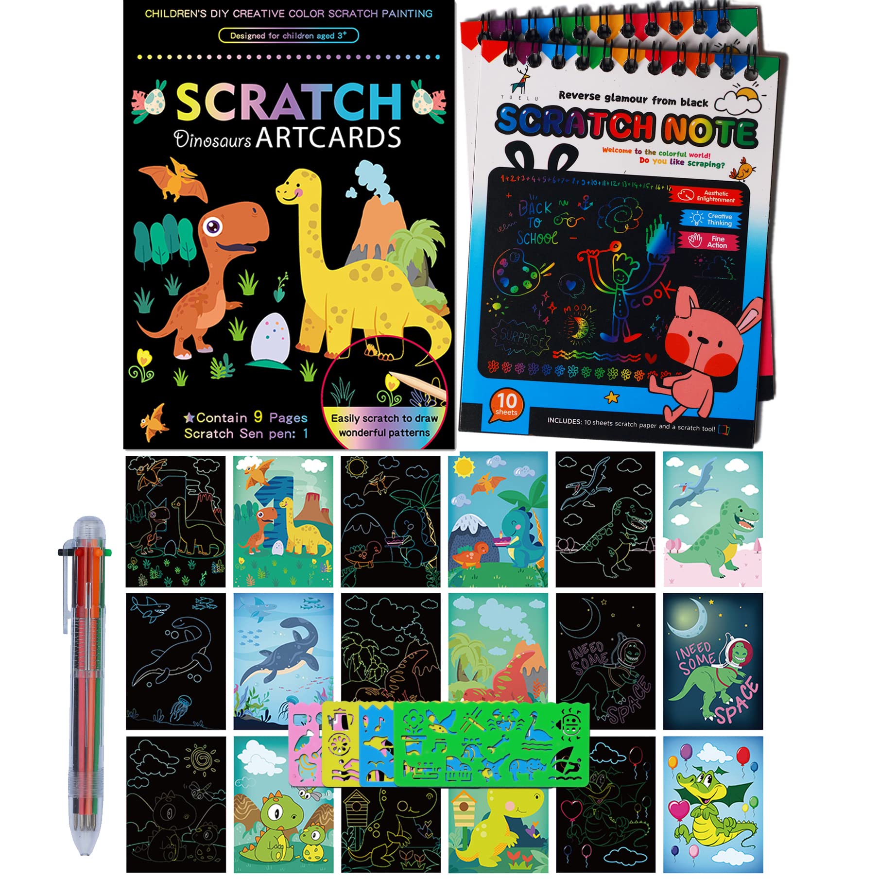 SuyuanArt 3 Set Magic Scratch Paper Art, Colorful Magic Drawing Art Book with 3 Scratch Pen for Birthday Halloween Christmas Party Dinosaurs Games Projects Kits