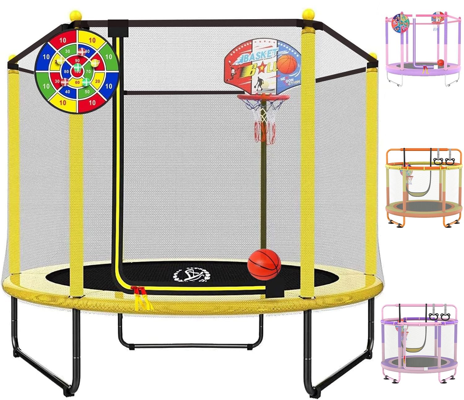 LANGXUN 60" Trampoline for Kids, 5ft Mini Toddler Indoor & Outdoor Trampoline with Net, Basketball Hoop & Dart Board, Birthday Gifts for Boys & Girls, Baby Toddler Christmas Toys, Age 1-8 Years