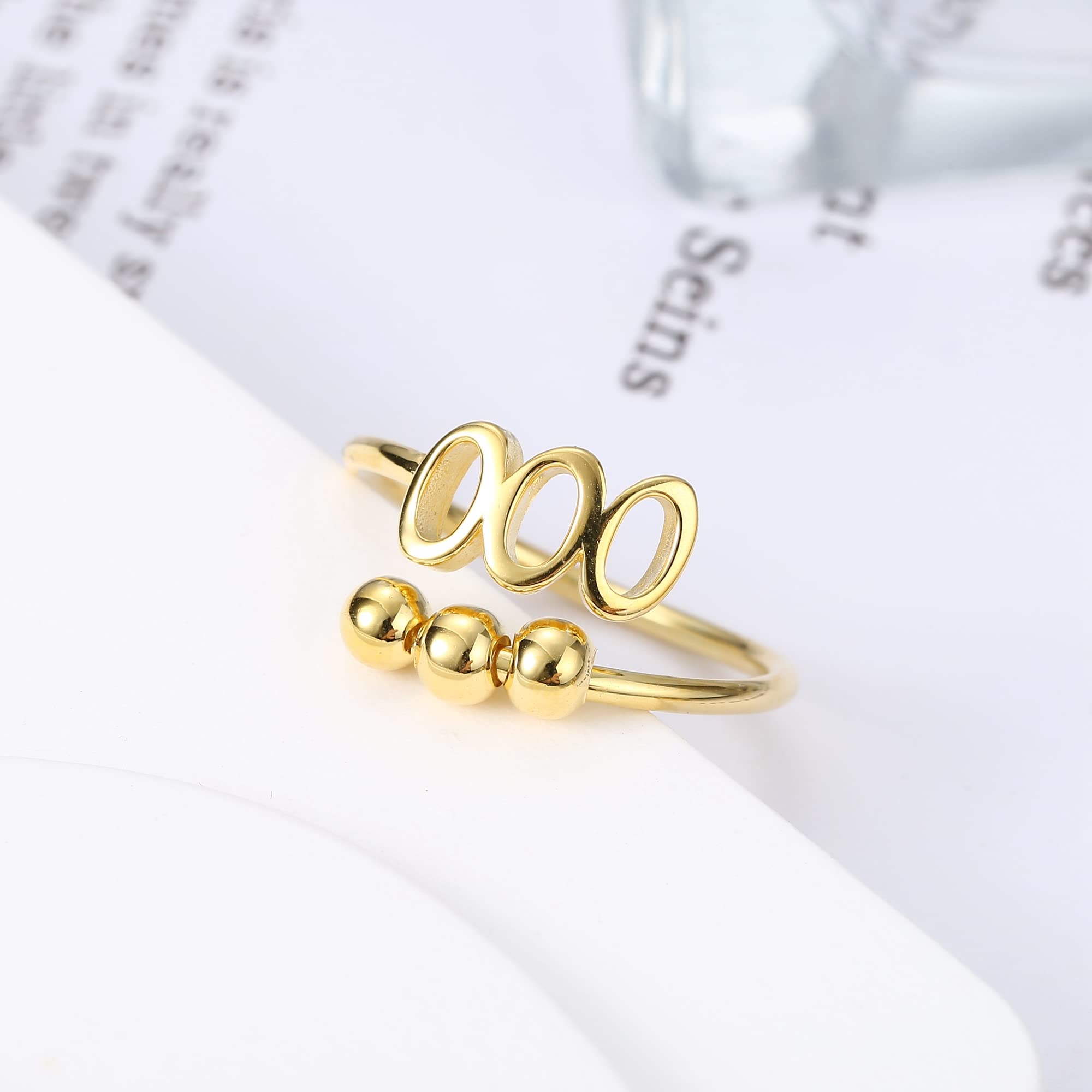 MUSECLOUD Bead Anxiety Ring For Women 925 Sterling Silver Fidget Ring 111 222 333 444 555 666 777 888 999 000 Angel Number Rings Adjustable Stackable Rings (Gold 333)