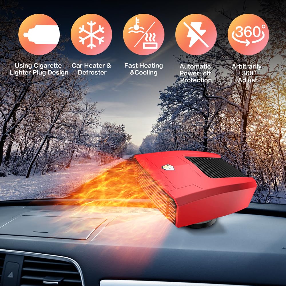 KUTUKU Car Defogger Defroster 2-in-1 Portable Car Fan with Air Purification 12V 150W Fast Heating Quickly Auto Heater Cooling Fan Automobile Windscreen Fan in Cigarette Lighter (Red)
