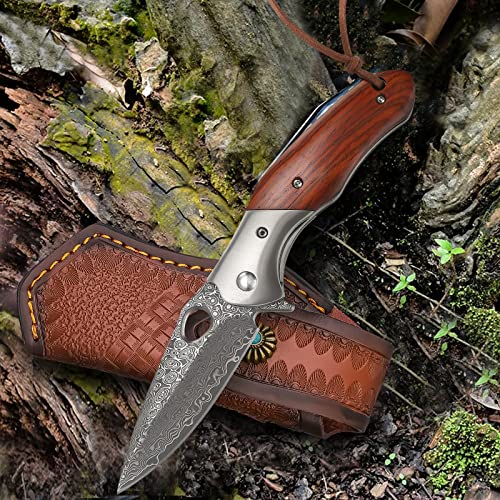 STANBIK Damascus Pocket Knife with Sheath,3.1 inch Damascus Steel Folding Knife,Sandalwood Handle,EDC Pocket Knives for Hiking Camping.