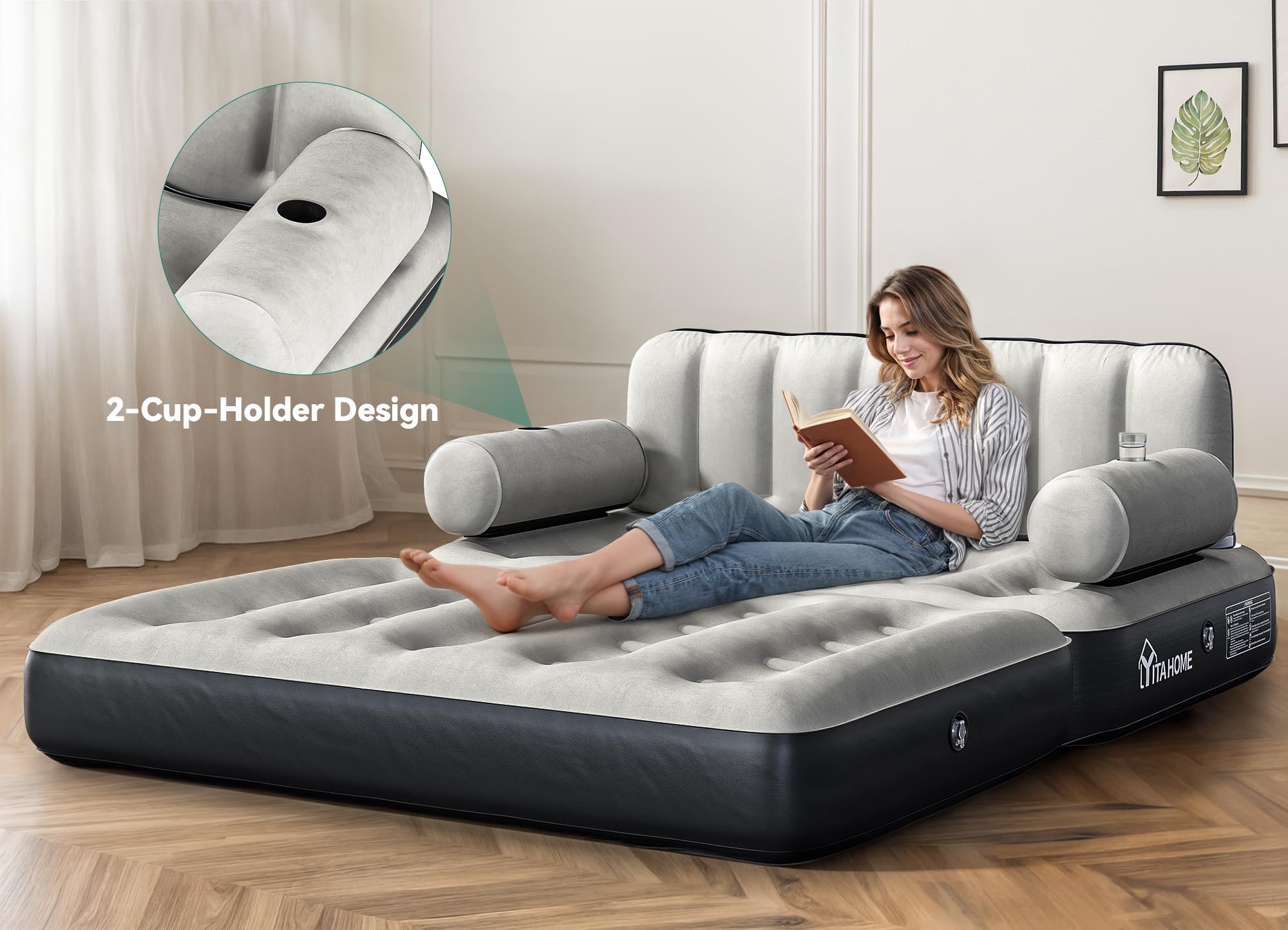 YITAHOME 18'' Flocked Top Queen Air Mattress with External Pump and Headboard, Durable Inflatable Bed, Blow-Up Mattress for Indoor and Outdoor Use, Black