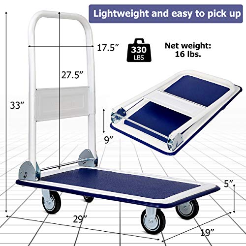 Safstar Folding Push Cart Dolly, Rolling Platform Cart for Garage Warehouse, Portable Flatbed Cart with Non-Slip Swivel Casters (330Lbs Load-Bearing Capacity, Blue)