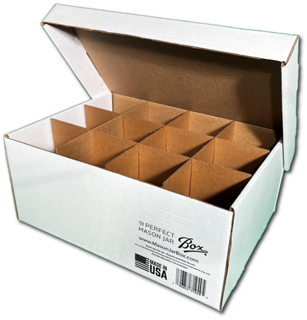 The Perfect Mason Jar Box, Quart. Set of 3 Cardboard Canning Jar Storage & Moving Boxes. Each Box Holds 12 Quart-Size Jars (32 oz), No Tape Required