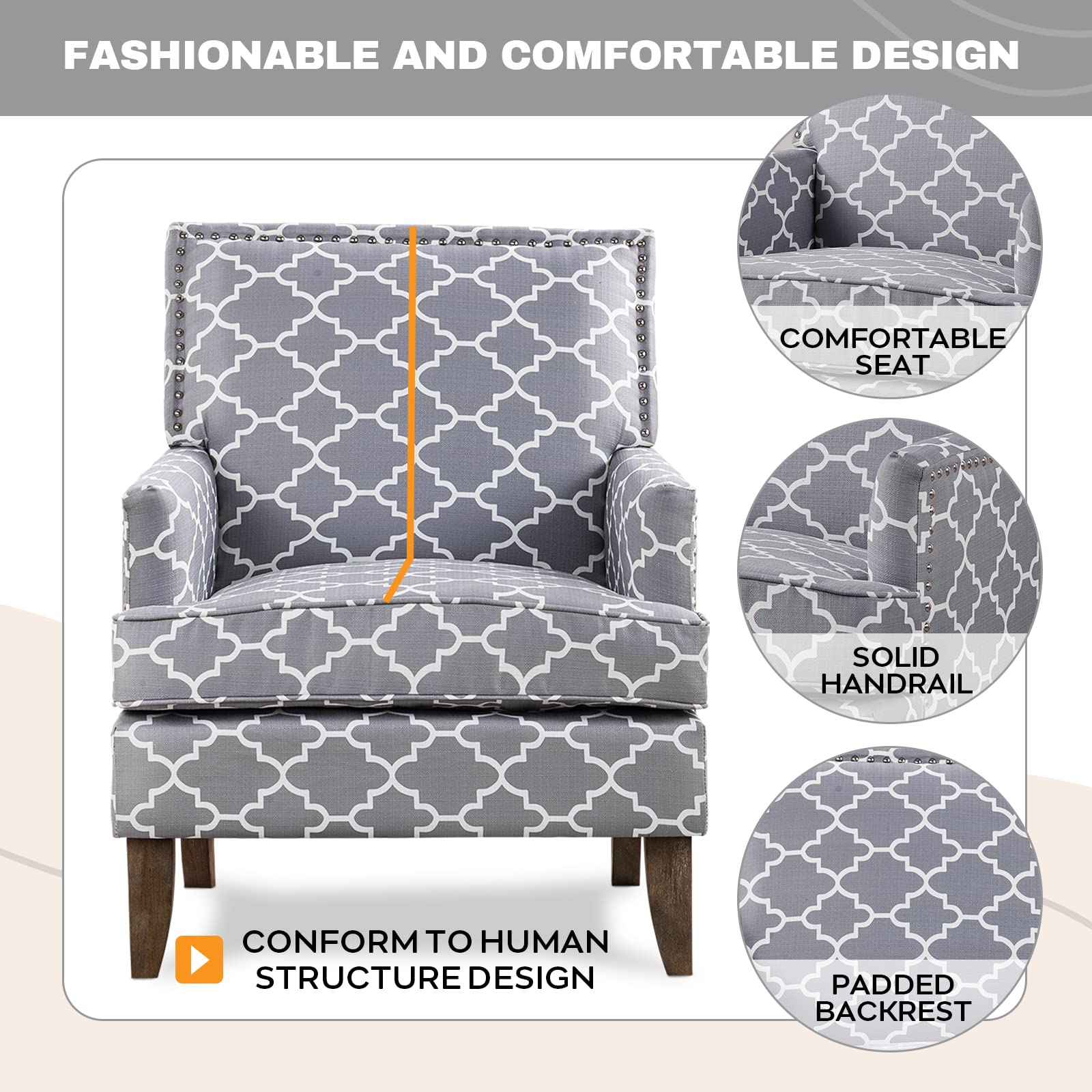 KUVENQIW Modern Accent Chairs,Nailhead Trim Club Chair,Linen Fabric Sofa Chair,Upholstered Button Tufted Armchair,Reading Chair (Grey Pattern)