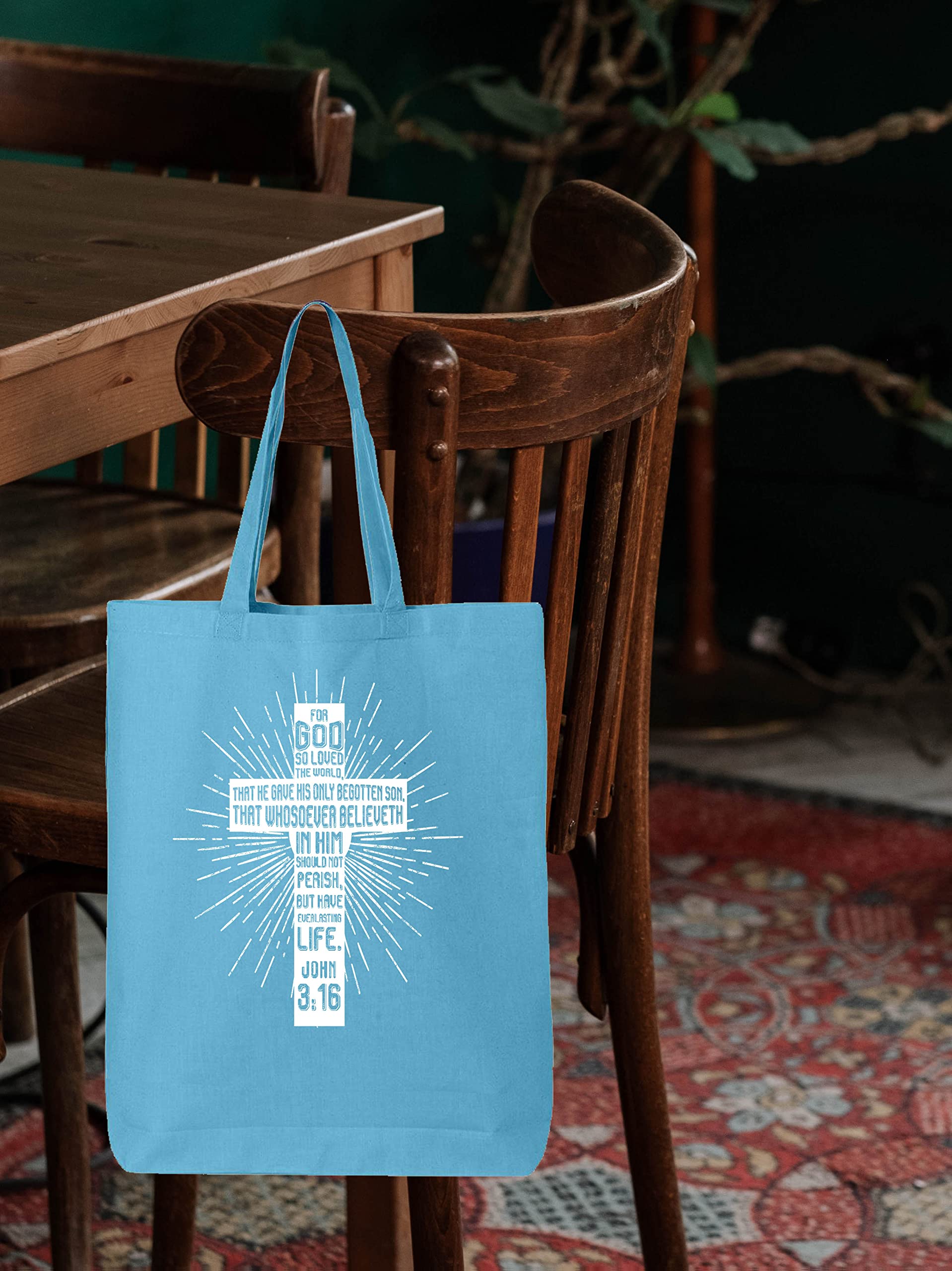shop4ever John 3:16 Bible Verse Cross Christian Faith Eco Cotton Tote Reusable Shopping Bag 6 oz Turquoise 1 Pack