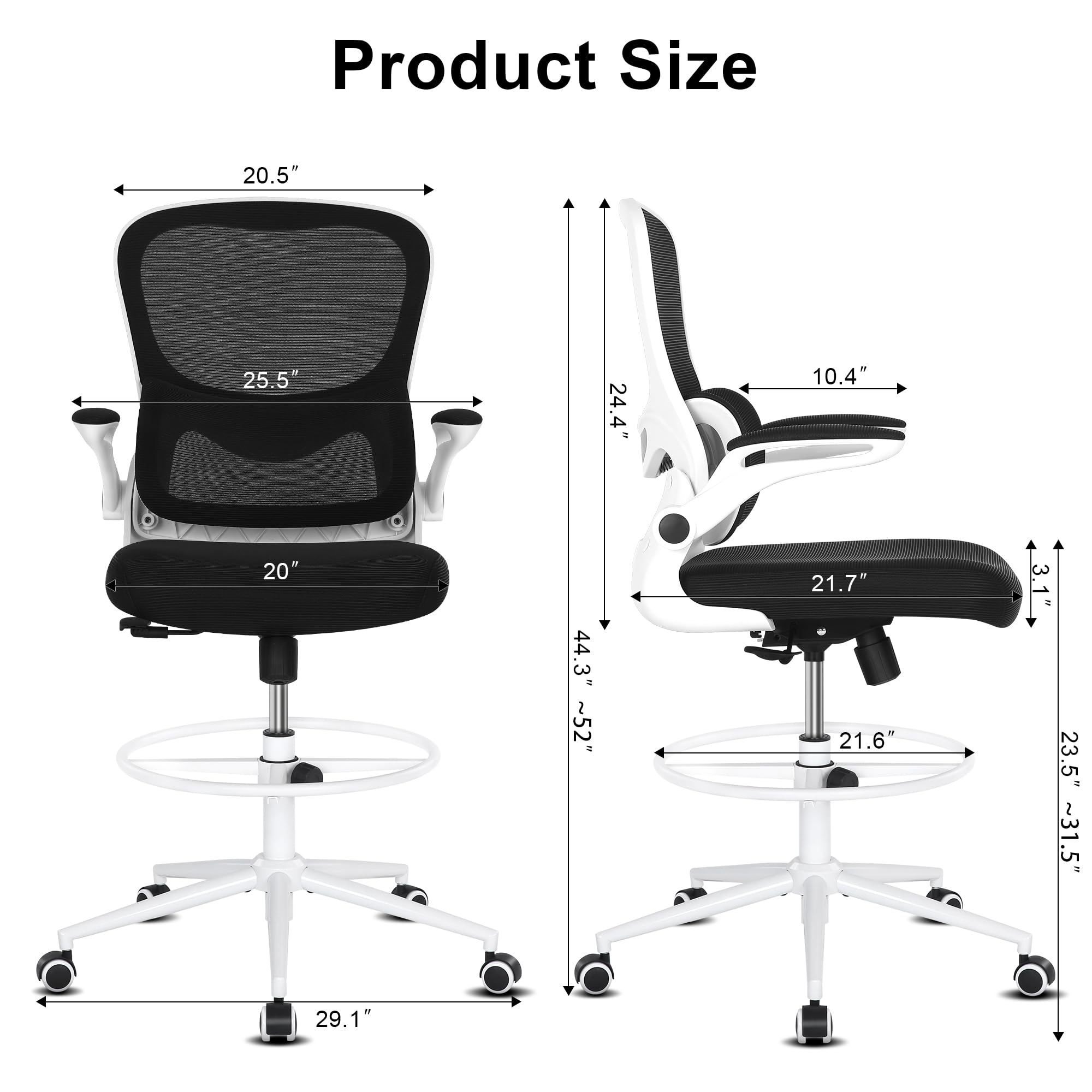 Misolant Drafting Chair, Tall Office Chair for Standing Desk, High Office Chair Ergonomic Desk Chair with Adjustable Height and Footrest, Office Drafting Chair Lumbar Support White