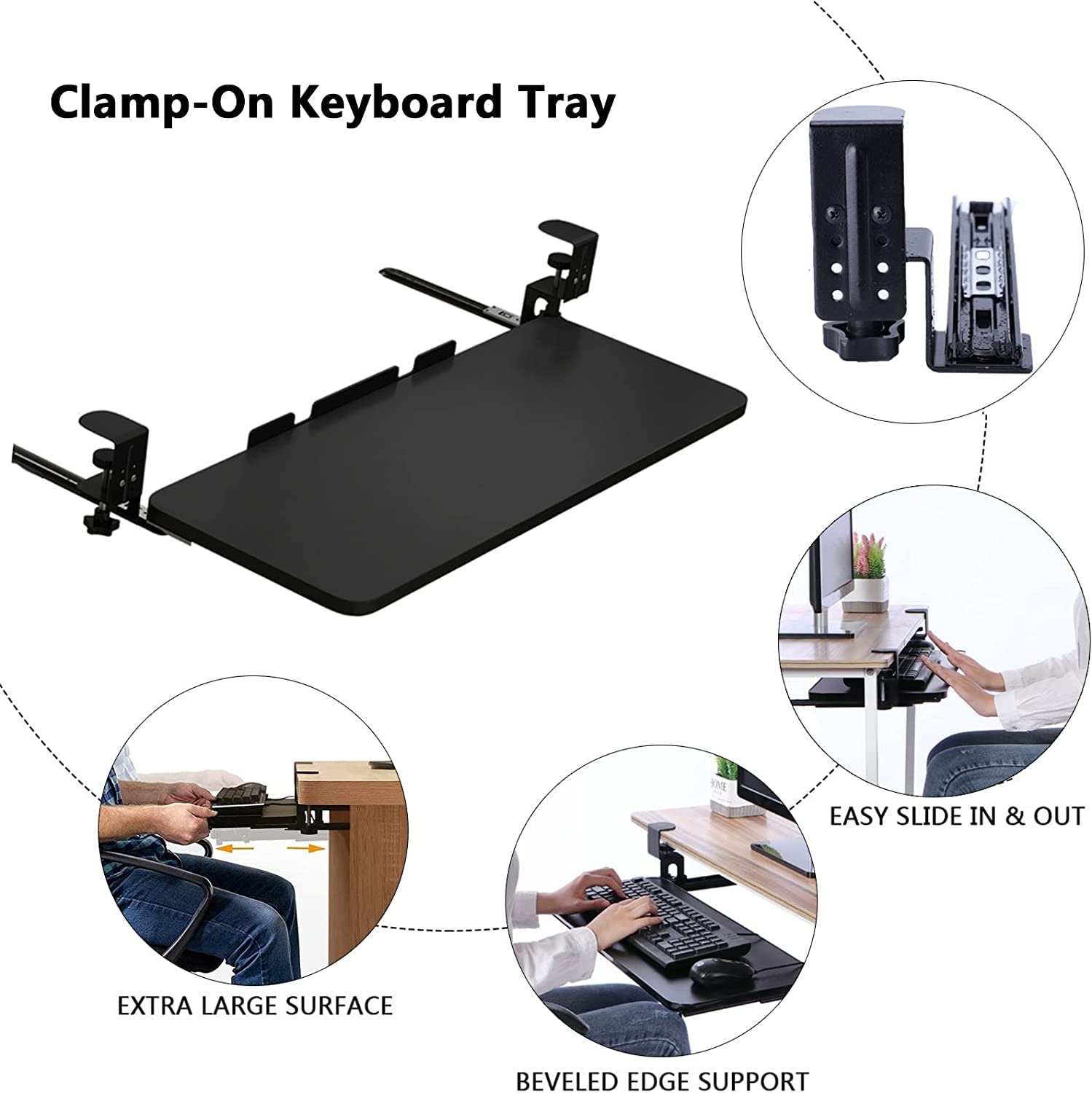 Keyboard Tray Stores Under Desk Sliding Keyboard Shelf Under Desk - Black Wooden Keyboard Tray for Home Office - Clamp-on - Sturdy and Easy to Install, Pull-Out Drawers Platforms