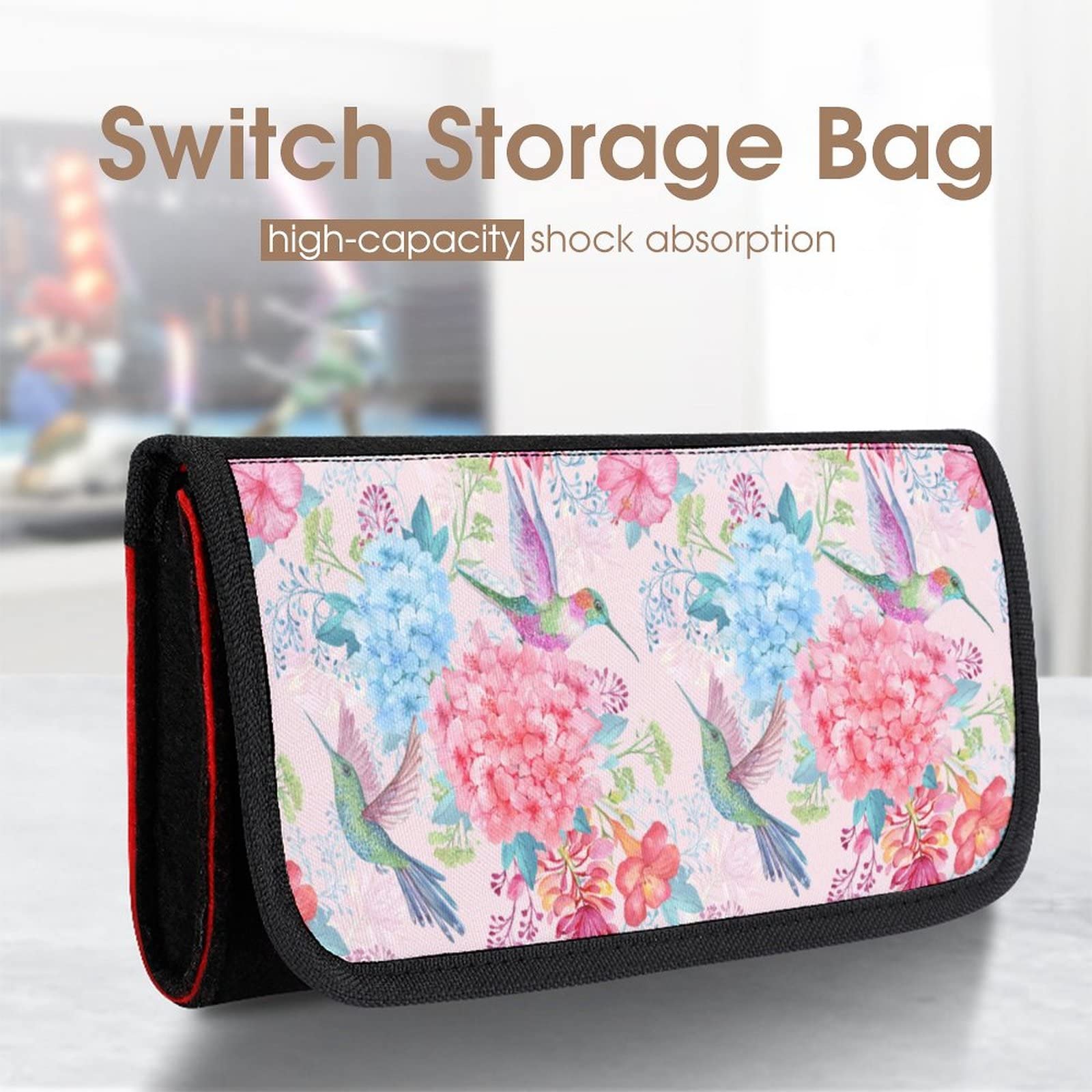 Tropical Flowers and Hummingbirds Carrying Bag Compatible with Switch Protective Case Slim Felt Pouch with 5 Game Cartridges Holders