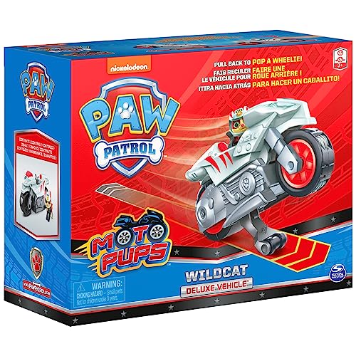 Paw Patrol, Moto Pups Wildcat’s Deluxe Pull Back Motorcycle Vehicle with Wheelie Feature and Toy Figure