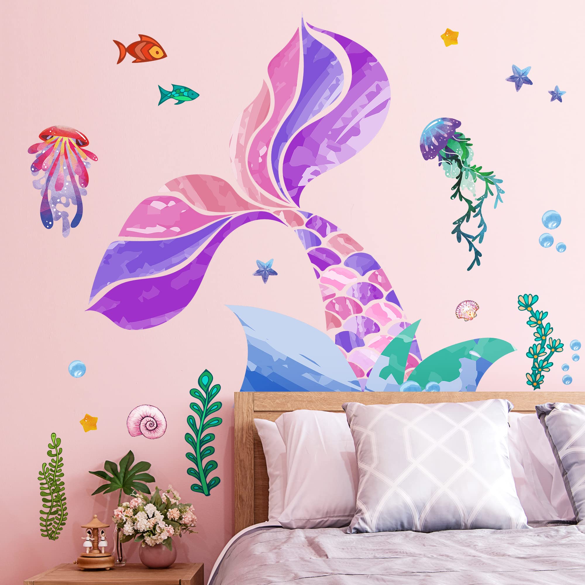 LiveGallery Removable 3d Under the Sea Rainbow Colorful Mermaid Tail Blisters Wall Sticker DIY Ocean Fish Jellyfish Seaweed Wall Decal Decor for Kids Girls Princess Room Bedroom Living Room Bathroom Nursery Classroom Wall Background Decoration (A)