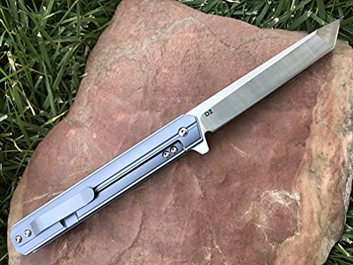 TACTICAL GEARZ Premium Titanium EDC Pocket Knife! Solid Tc4 Titanium Handle! D2 Steel Tanto Blade! Includes Sheath! (Seren Midnight Blue)