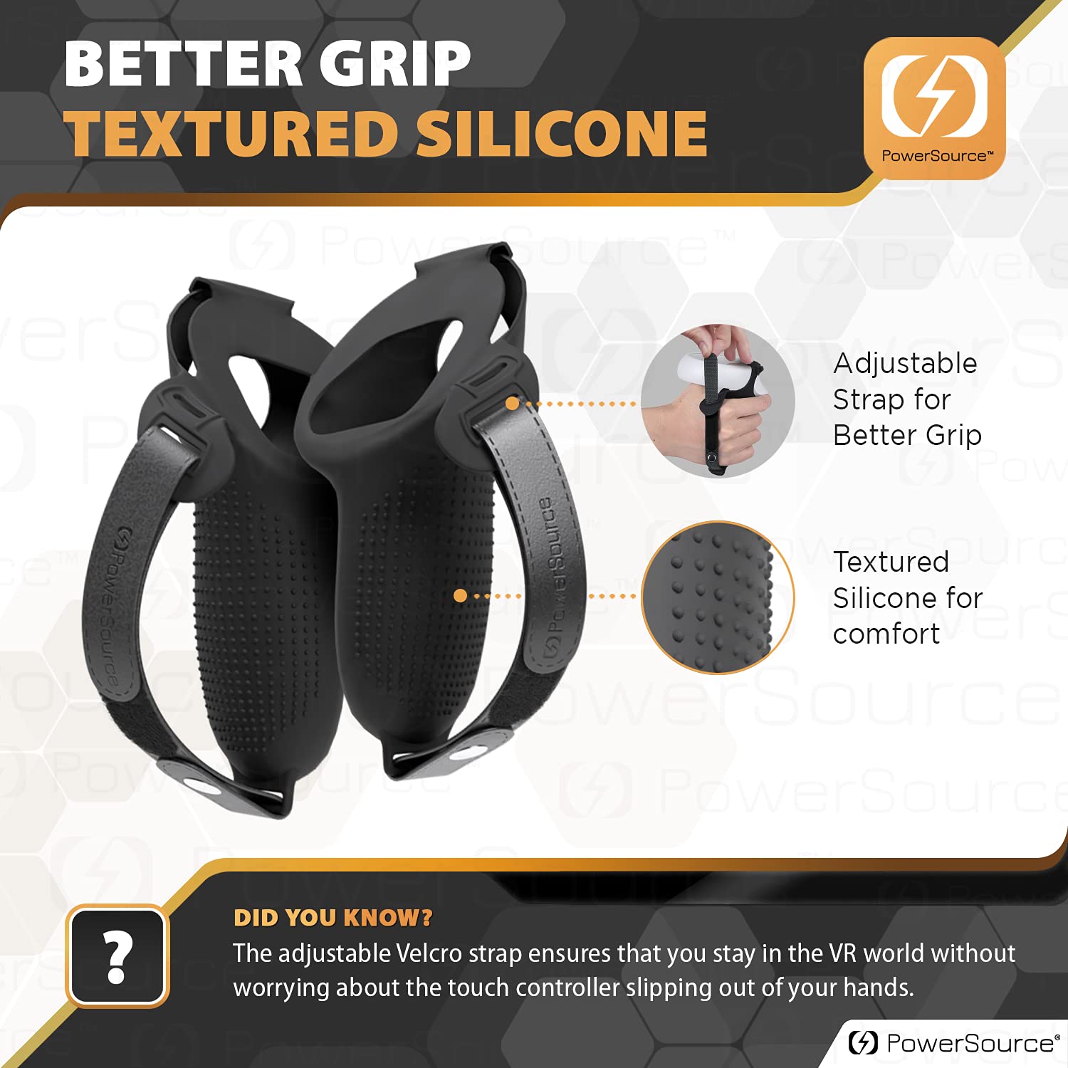 PowerSource Oculus Quest 2 VR Cover Grips, Silicone Unibody Design with Adjustable Reinforced Knuckle Handles and Anti-Throw Non-Slip Grip, Meta Quest Premium Controller Protector