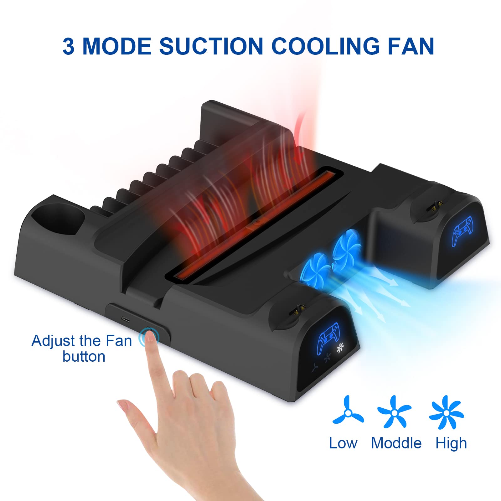 PS5 Stand with Cooling Station and Controller Charger PlayStation 5 Dual Controller Charger Station for PS5 Console with 3 Levels Adjustable Fans Speed and USB Ports 11 Games Storage