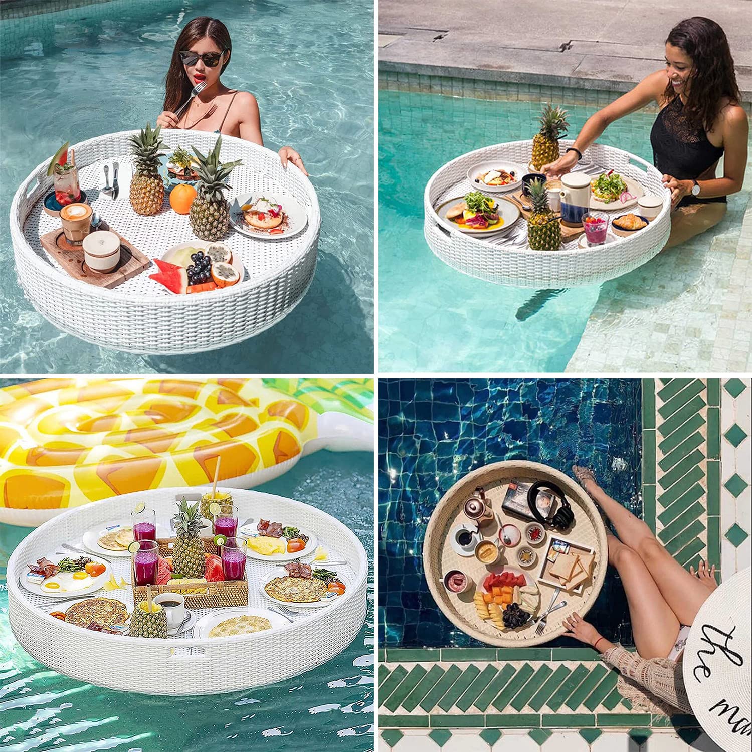 Rattan Woven Serving Tray Food Tray with Handles Luxury Floating Serving Tray Table Swimming Pool Floating Tray for Pool Serving for Wedding Photography Photo Shoot,White-80CM