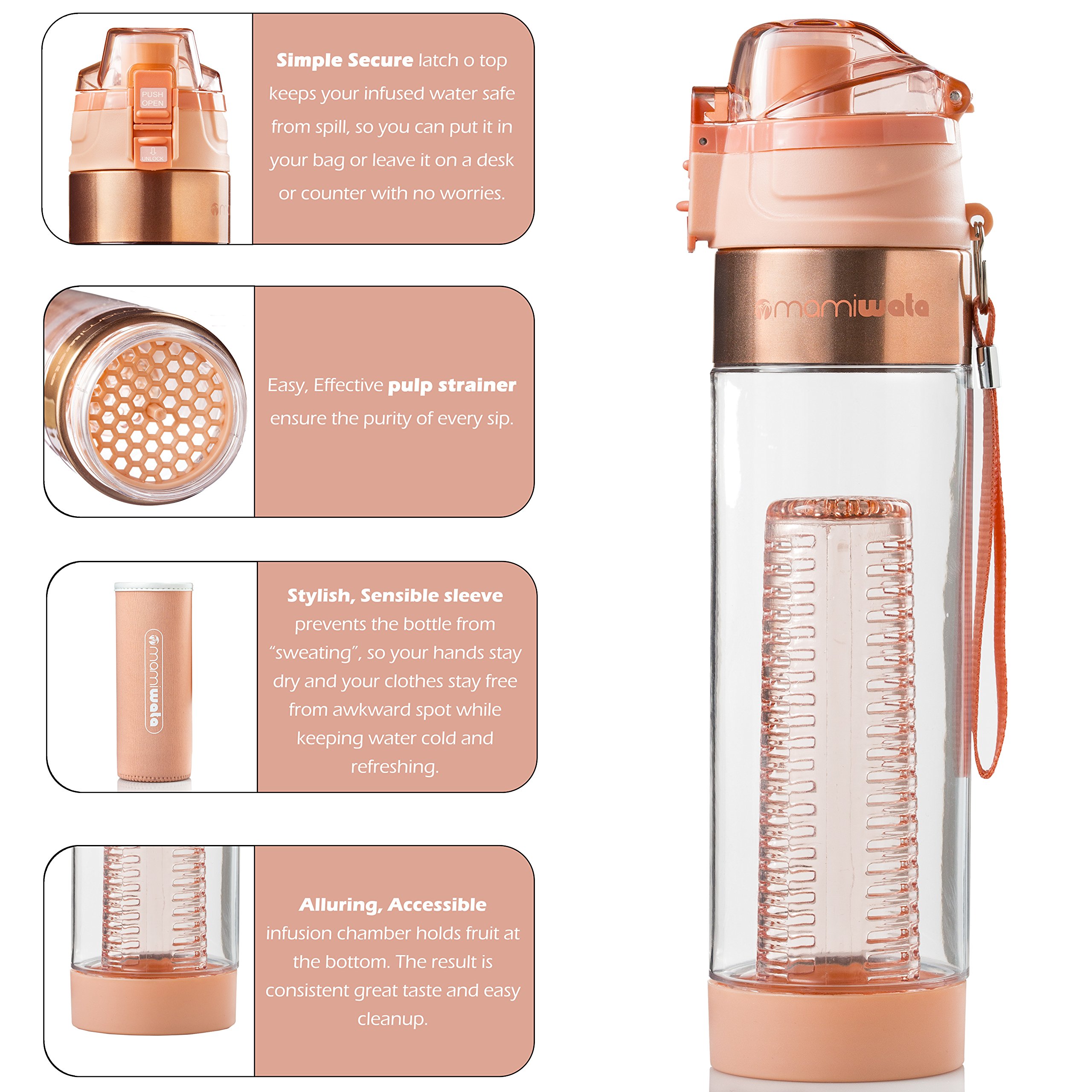 MAMI WATA Fruit Infuser Water Bottle β 24 oz β Tritan Plastic - Unique Stylish Design β Fruit Infused Water recipes eBook & Insulating sleeve β Beautiful Gift Box