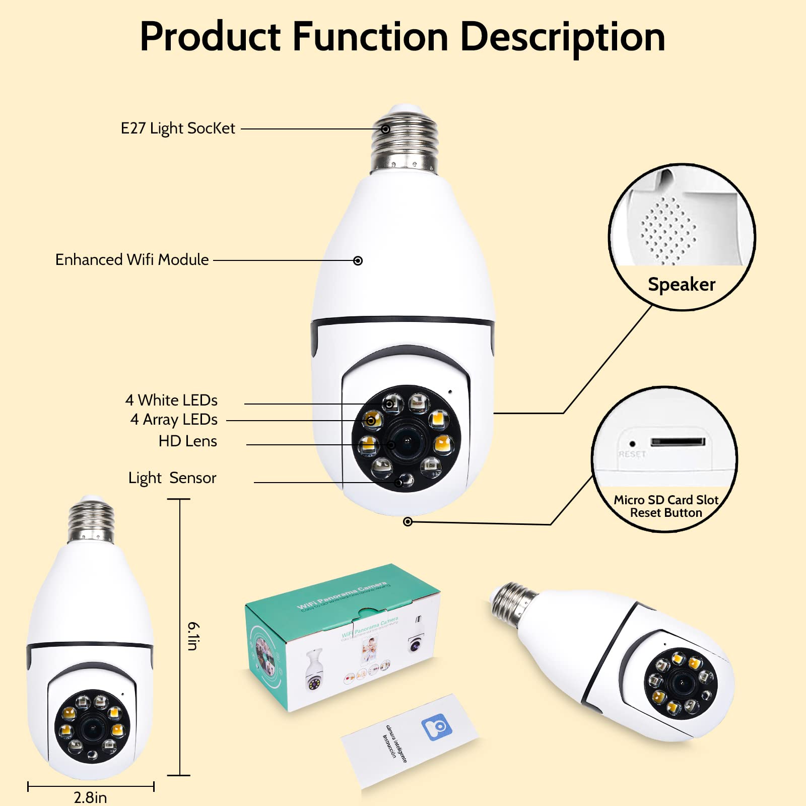 WiFi Light Bulb Camera/1080P Security Camera/2.4GHz WiFi Smart 360°Panoramic Indoor Surveillance Camera with Night Vision Motion Detection Alarm Two-Way-Talk Phone Remote View Outdoor (White-4pcs)