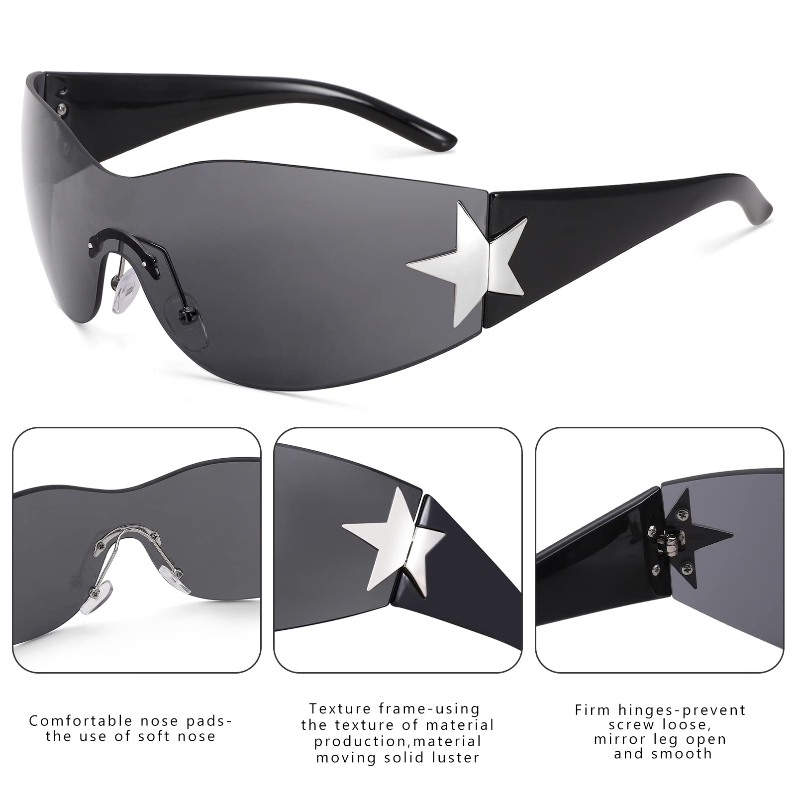 Pro Acme Y2k Star Sunglasses Women Wrap Around Glasses Trendy Rimless Shield Oversized Fashion Frameless(Black)
