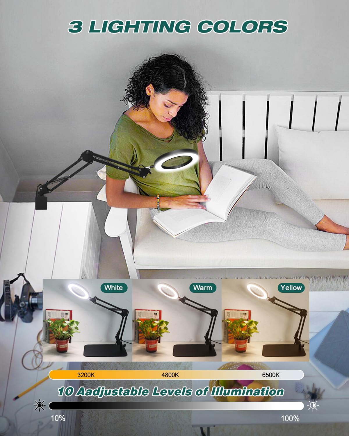 Magnifying Glass with Light and Stand, 5X Magnifying Lamps - 3 Light Colors Illuminated 10 Brightness Dimmer, USB Powered Magnifier Lighted Lens Adjustable Arm and Tabletop Clamp for Close Work Craft