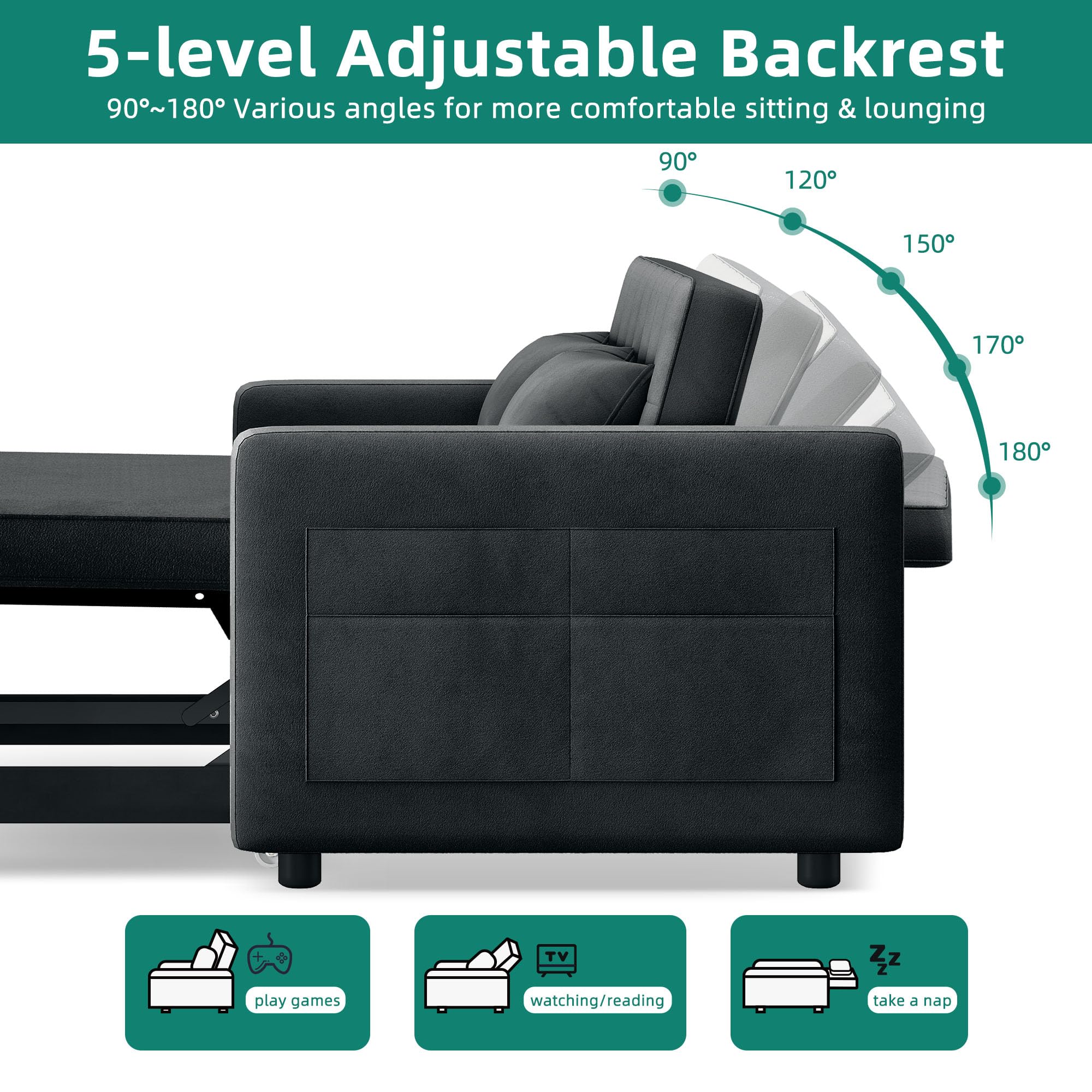 YITAHOME 55" Convertible Sofa Bed, 3-in-1 Sleeper Sofa with Pull-Out Bed, Velvet Futon Couch with Reclining Backrest and Side Pocket, Modern Loveseat for Living Room, Black, Full Size