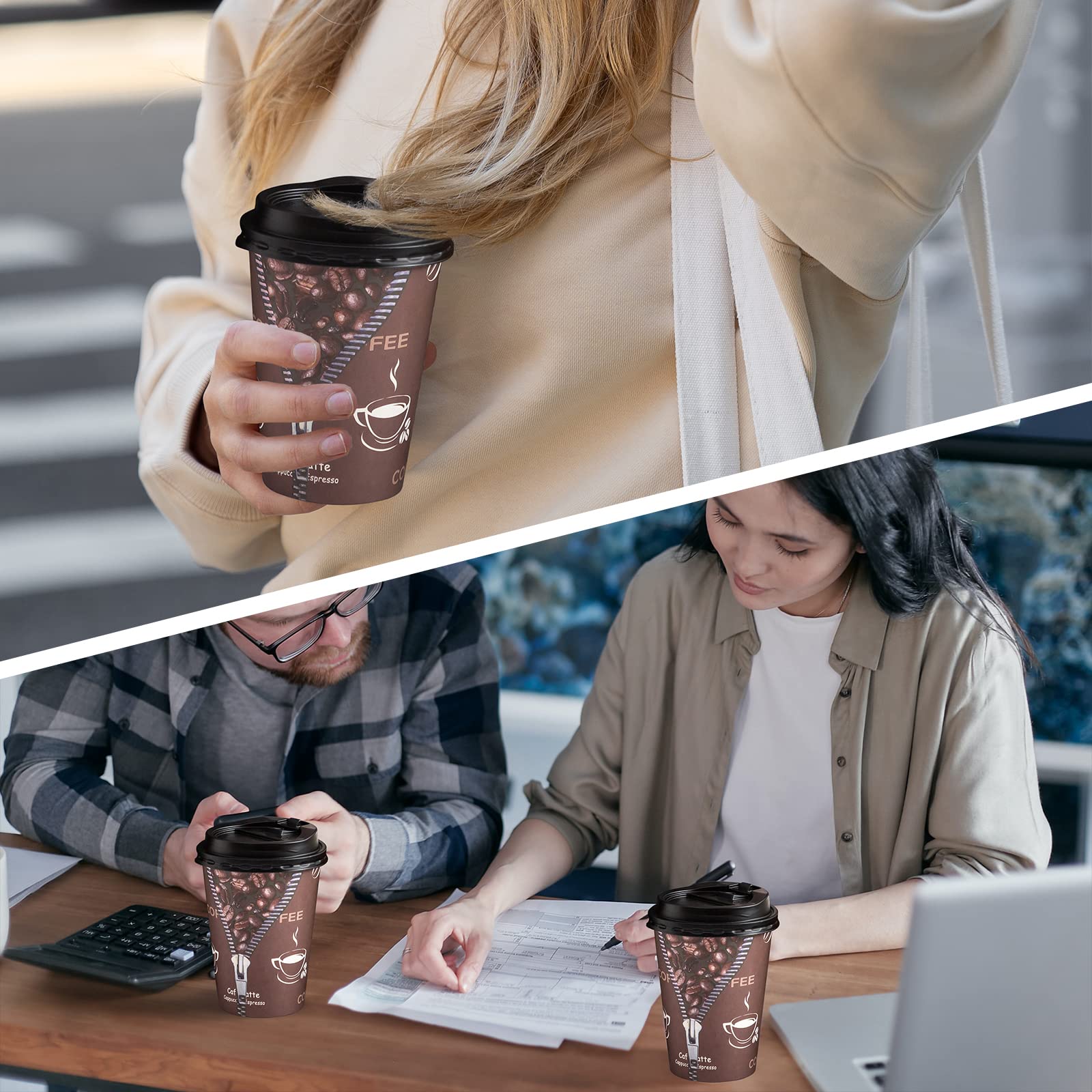 Lamosi 12 oz Coffee Cups with Lids,Sleeves -100 Pack Disposable Coffee Cups To Go Insulation Coffee Cups for Shops, Cafes, and Hot/Cold Drink(Dark Brown)