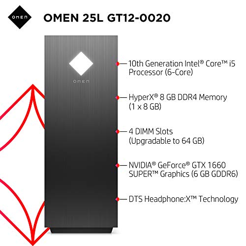 OMEN 25L Gaming Desktop PC, NVIDIA GeForce GTX 1660 Super, 10th Generation Intel Core i5-10400F Processor, HyperX 8 GB RAM, 512 GB SSD, Windows 10 Home (GT12-0020, 2020)