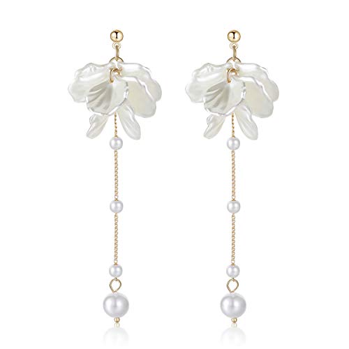 KRUCKEL White Pressed Flower Dangle Earrings | Golden Studs with Pearl like Drops | Hypoallergenic, Lightweight Jewelry for Women | Sparkle at Birthday, Anniversary, Graduation, Wedding