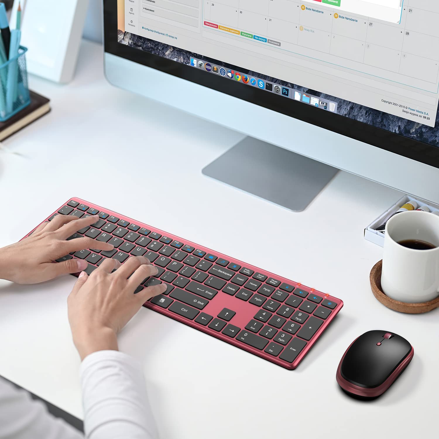 Wireless Keyboard and Mouse, Super Slim Keyboard with Responsive Keys, Silent Mouse and 2.4GHz USB Receiver, Battery Powered Full Size Cordless Combo for Mac, Computer, PC, Chromebook (Wine Red)